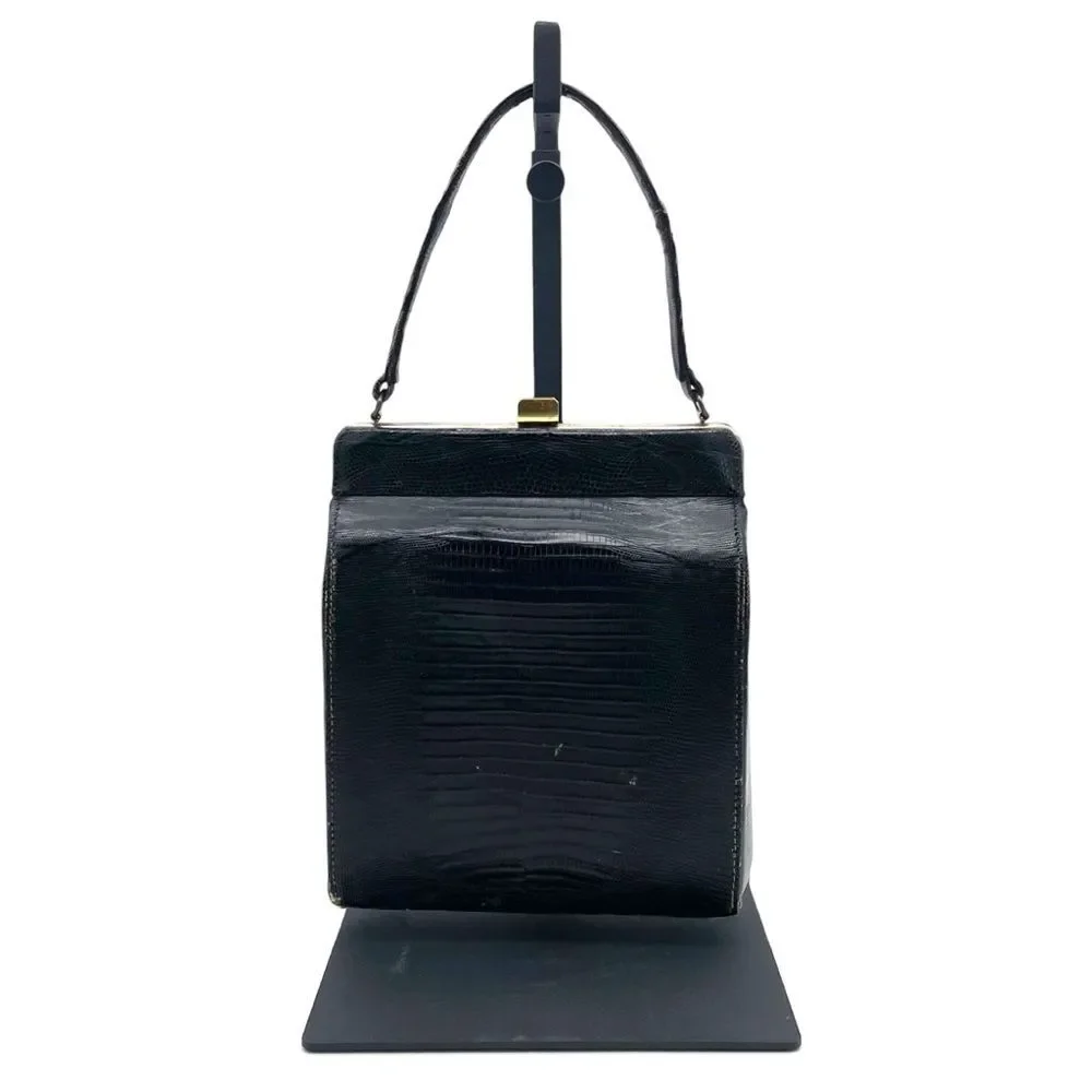 Vintage | Bags | Vintage Black Lizard Embossed Leather Top Handle Frame ...
